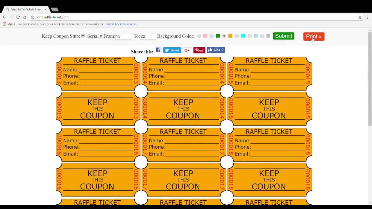 Print Raffle Tickets Free Name Phone Email Printable Custom Serial
