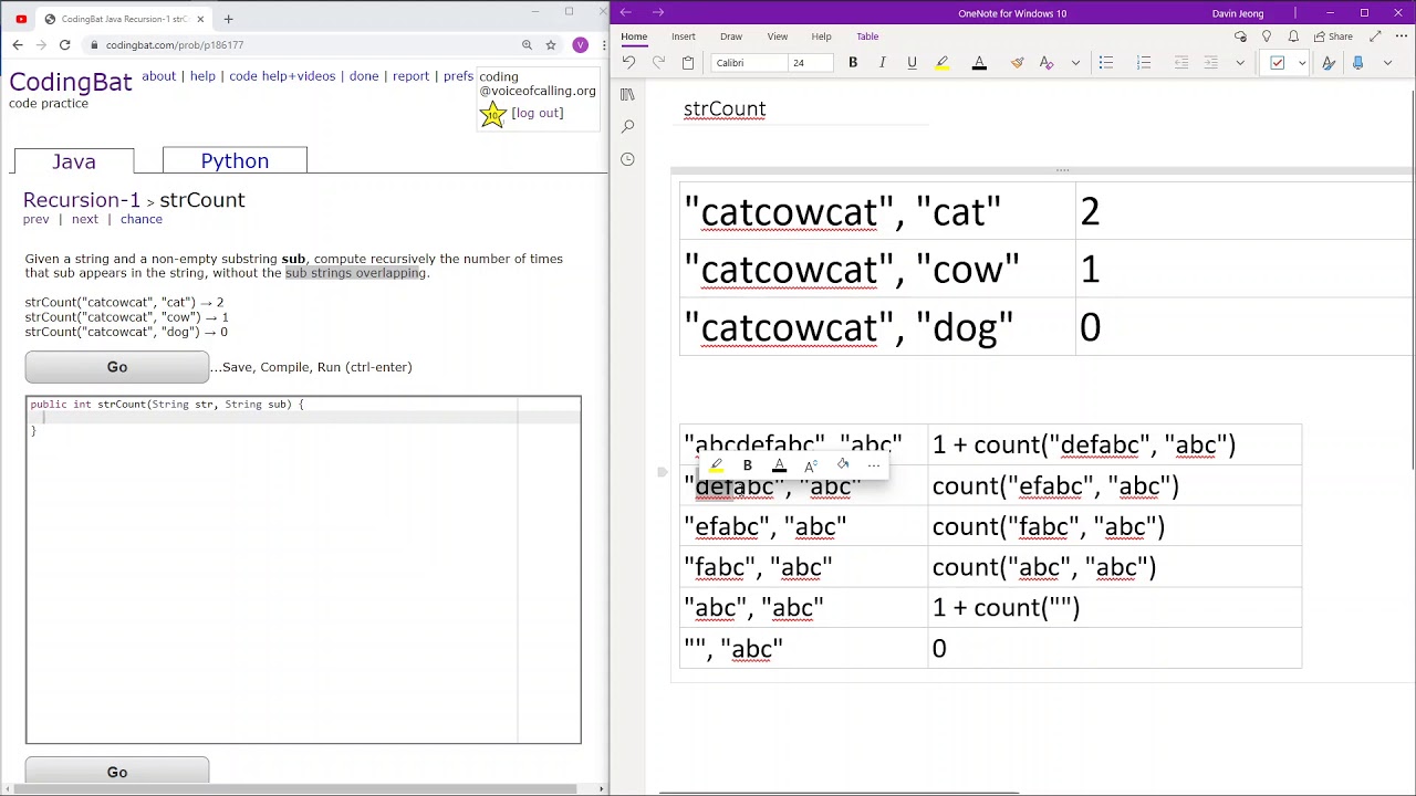 Recursion 1 Strcount Java Solution Codingbat Youtube