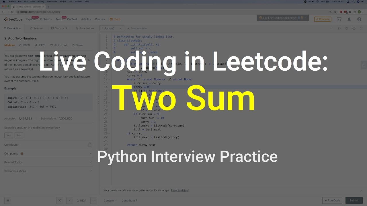 Leetcode Problem 1 Two Sum Python Live Coding Explanations