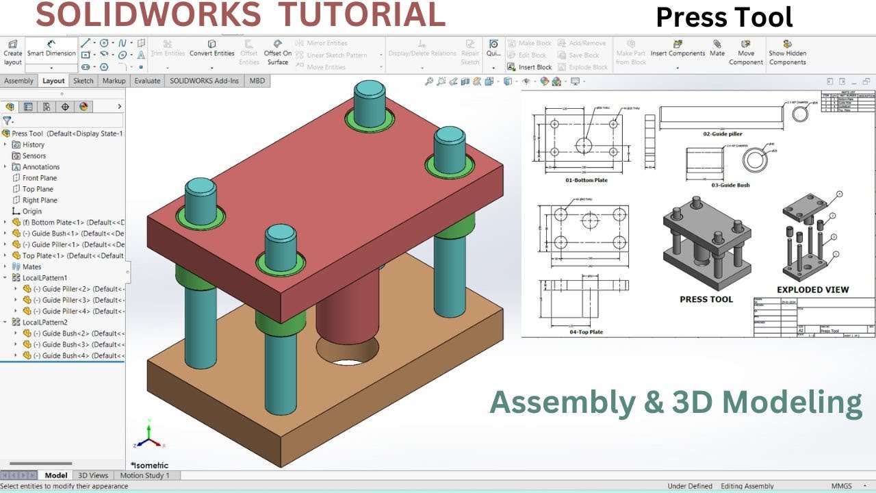 Solidworks 3d Modeling And Assembly Tutorial Press Tool Design Youtube