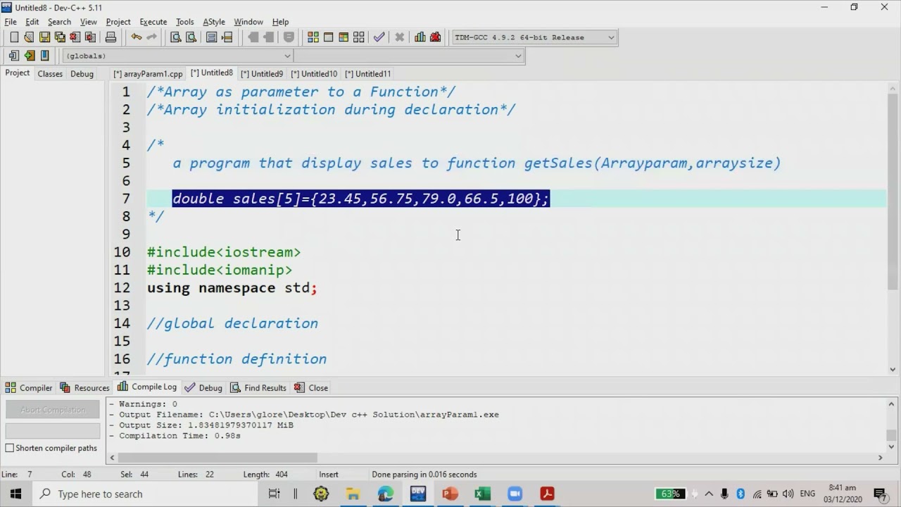 Arrays As Parameter To A Function Youtube