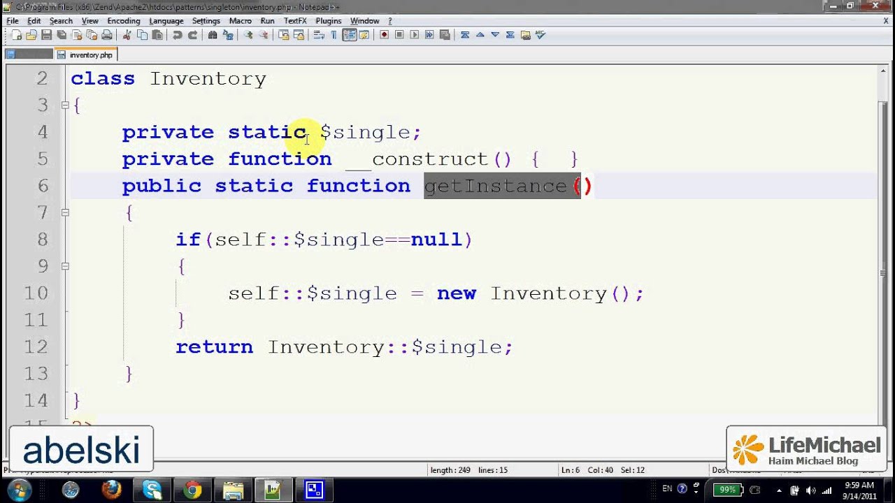 The Singleton Design Pattern In Php Youtube