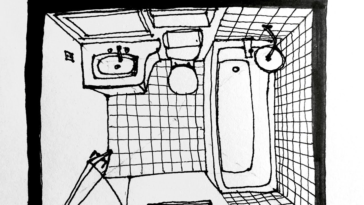 One Point Perspective Drawing Of Bathroom
