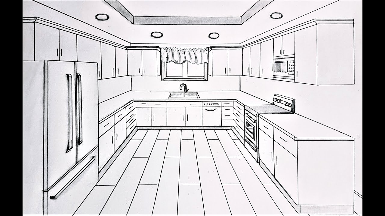 How To Draw A Kitchen In One Point Perspective Youtube