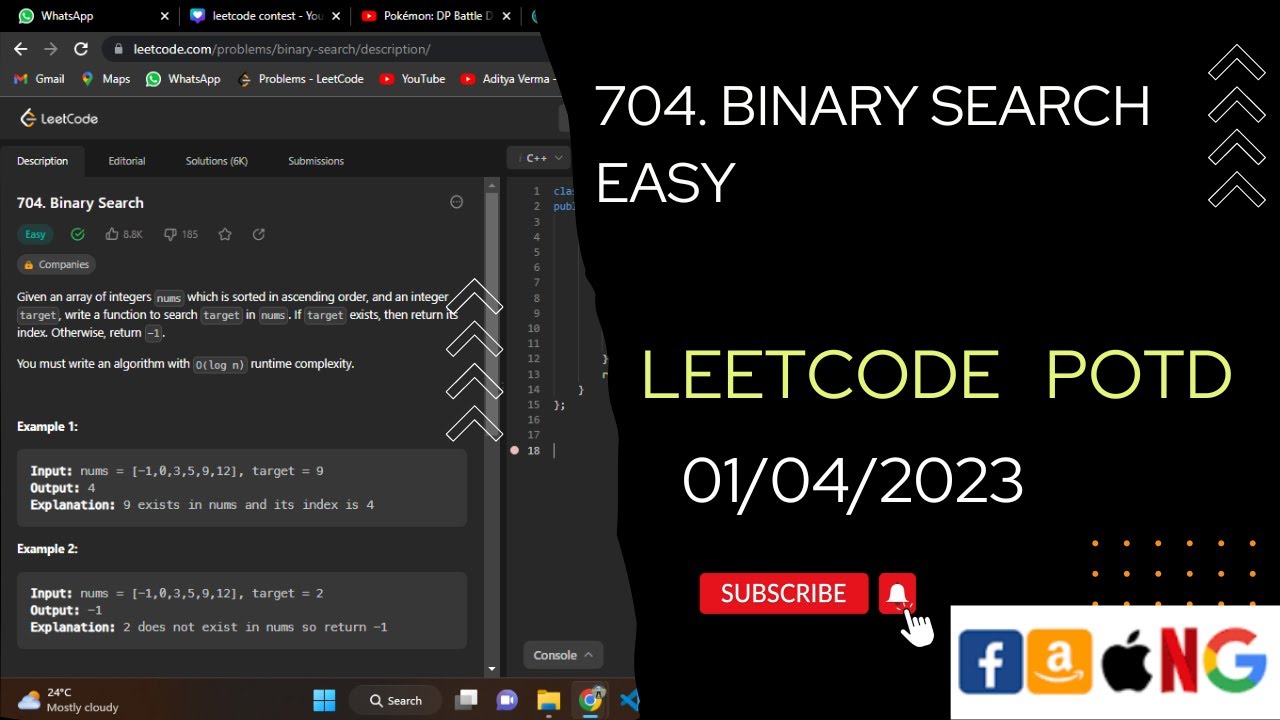 704 Binary Search Easy Gfg Codethurst Leetcode Youtube