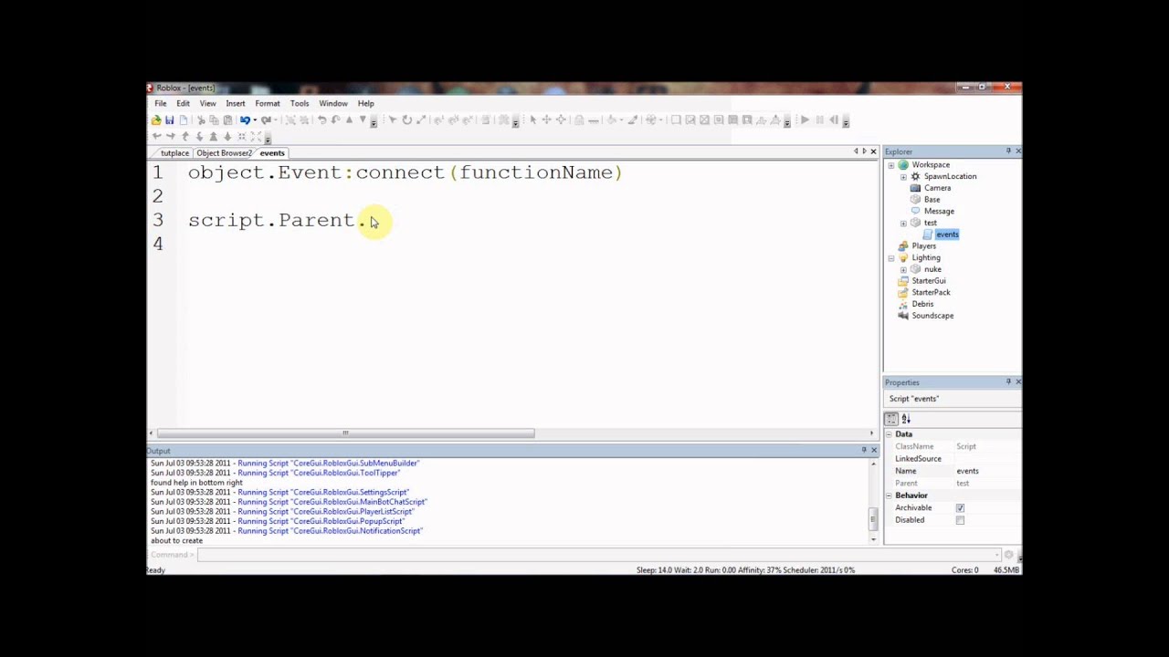 Roblox Lua Tutorials 12 Events Youtube