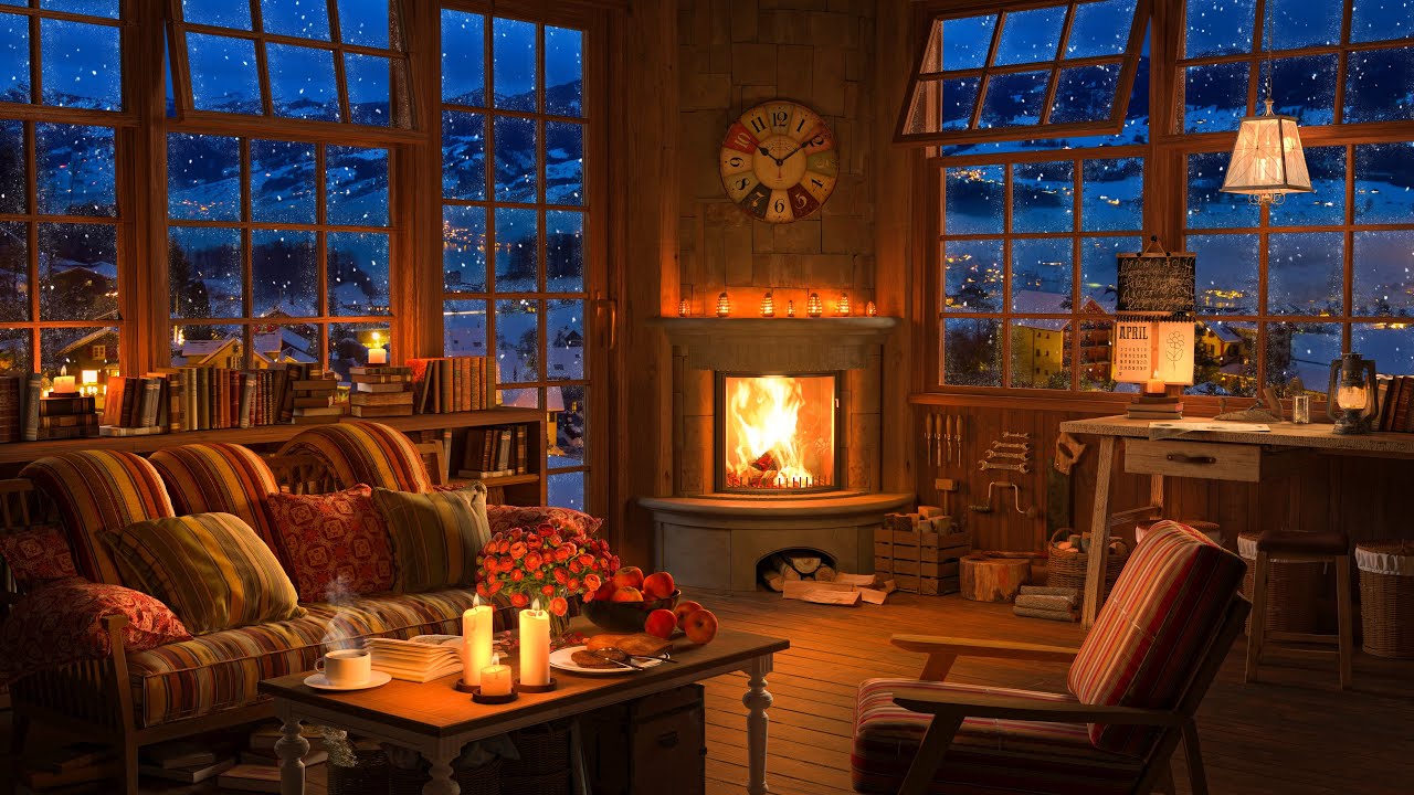 Cozy Winter Coffee Shop Ambience With Sweet Jazz Music Fireplace For