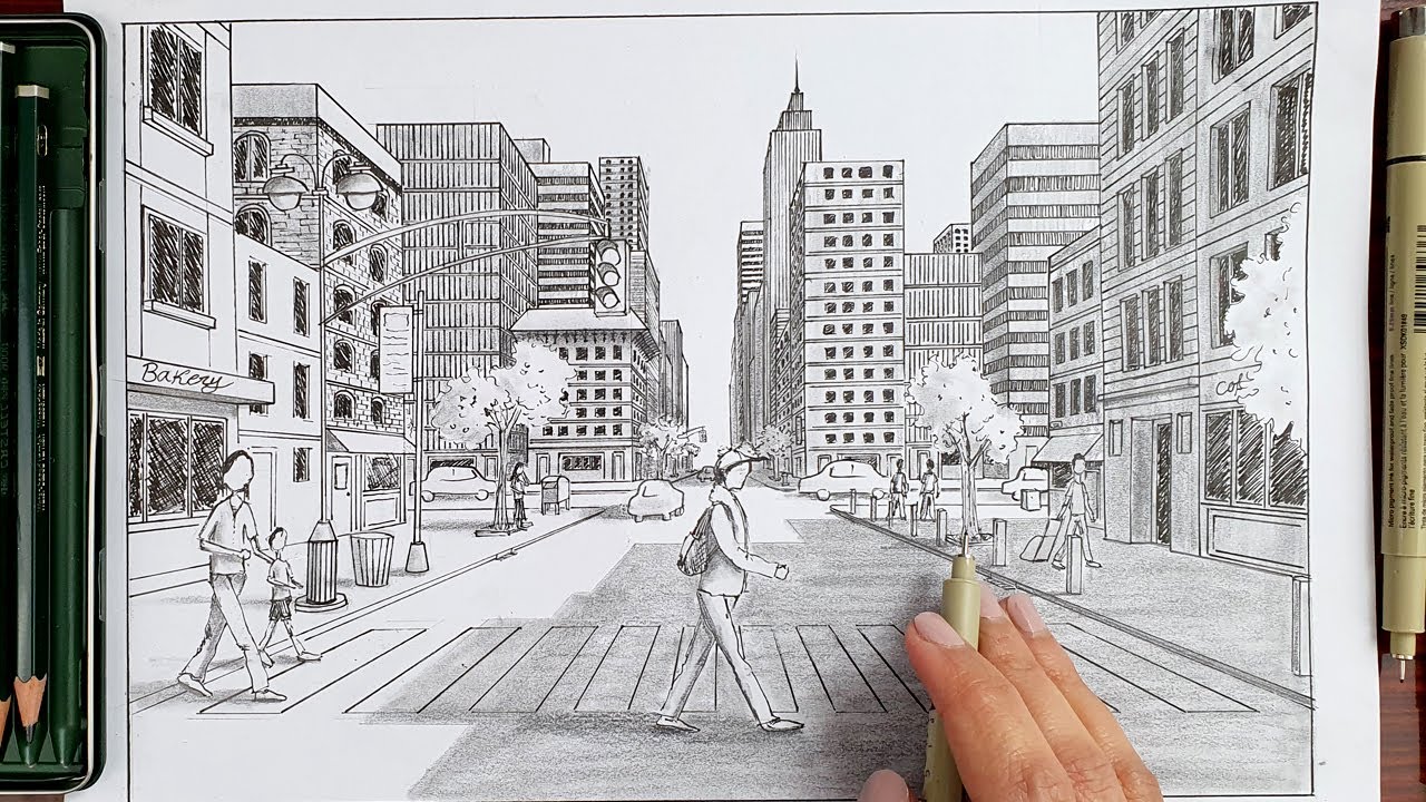One Point Perspective Street Drawing A Portrait Of Watercolor Town