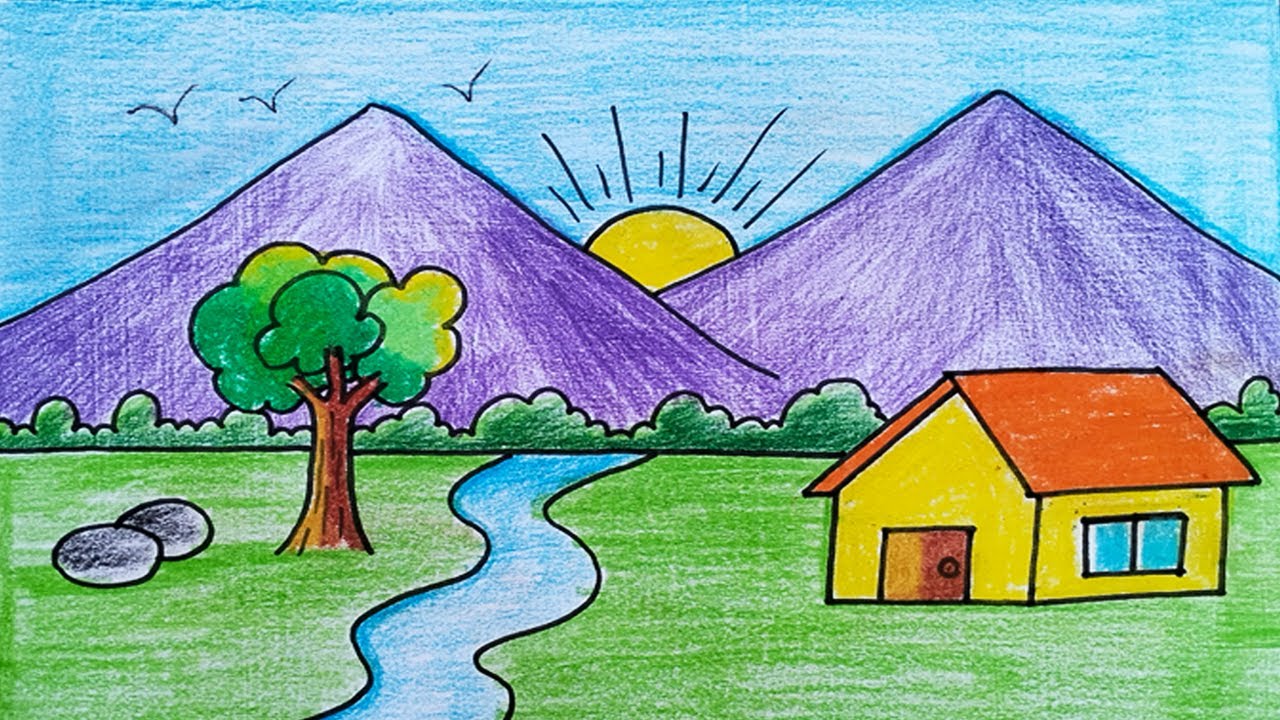 Easy Landscape Drawing For Kids Draw And Color A Landscape Youtube