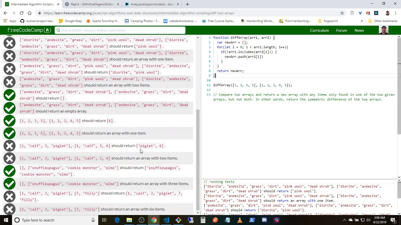 Intermediate Algorithm Scripting Diff Two Arrays Solution