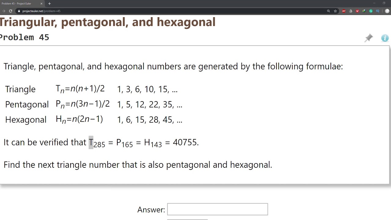 Project Euler 45 Triangular Pentagonal And Hexagonal Youtube