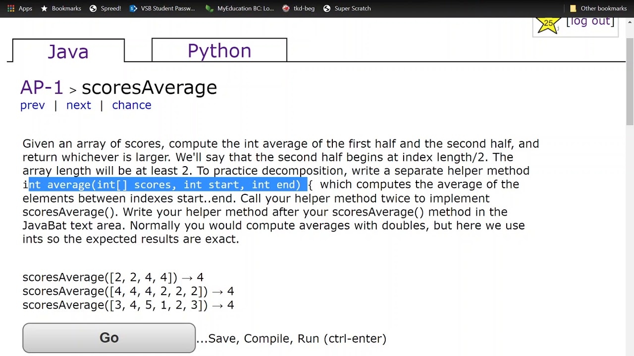 Scoresaverage Codingbat Question Youtube