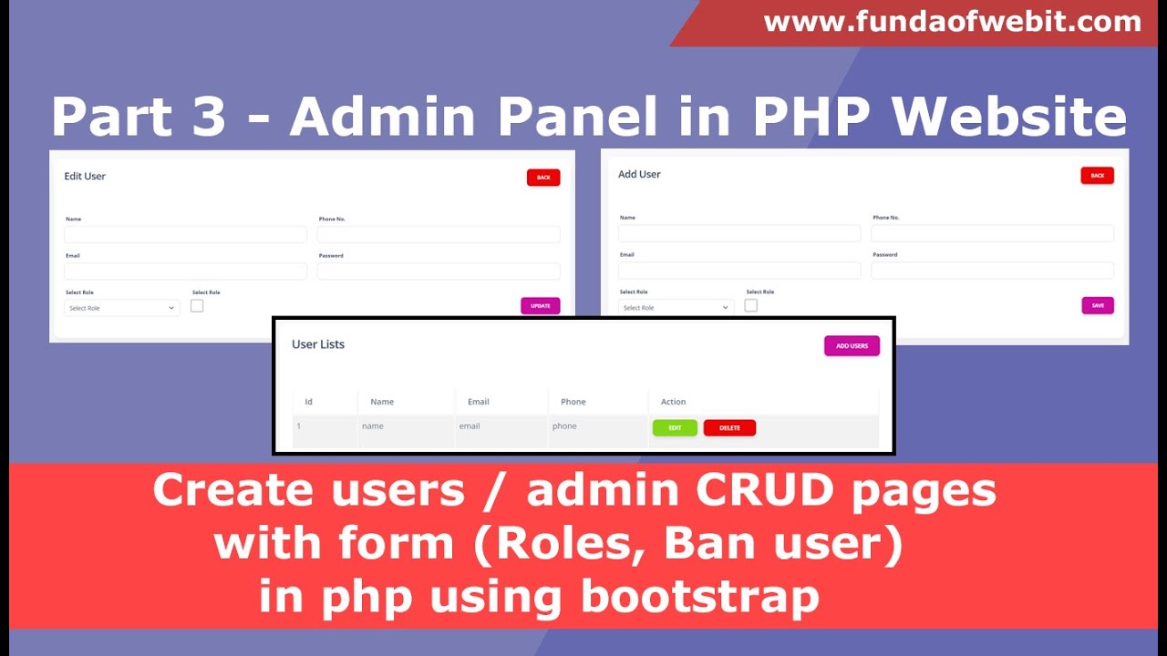 Part 3 Php Admin Panel Create Users Admin Crud Pages With Form In