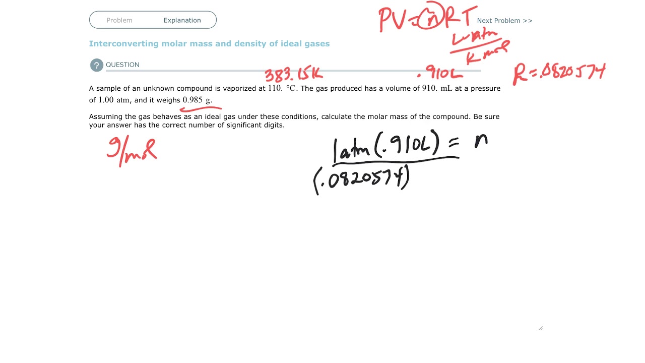 Aleks Interconverting Molar Mass And Density Of Ideal Gas Youtube