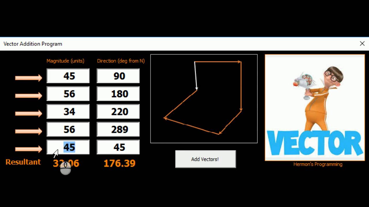 Vector Addition Excel Program Youtube