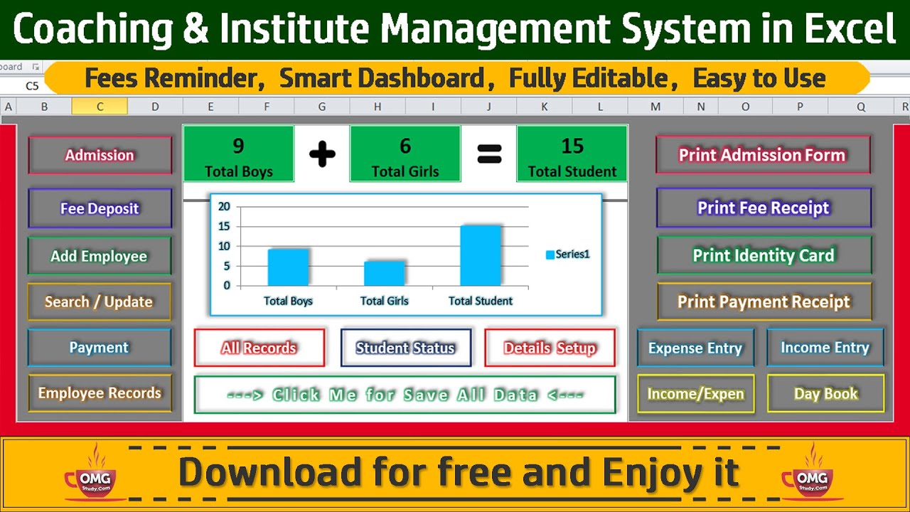 Coaching Institute Management System In Excel With Fees Reminder