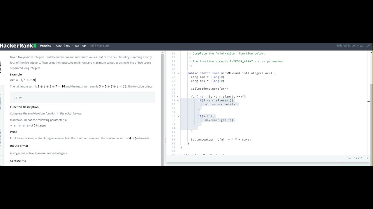 Hackerrank Min Max Sum Youtube