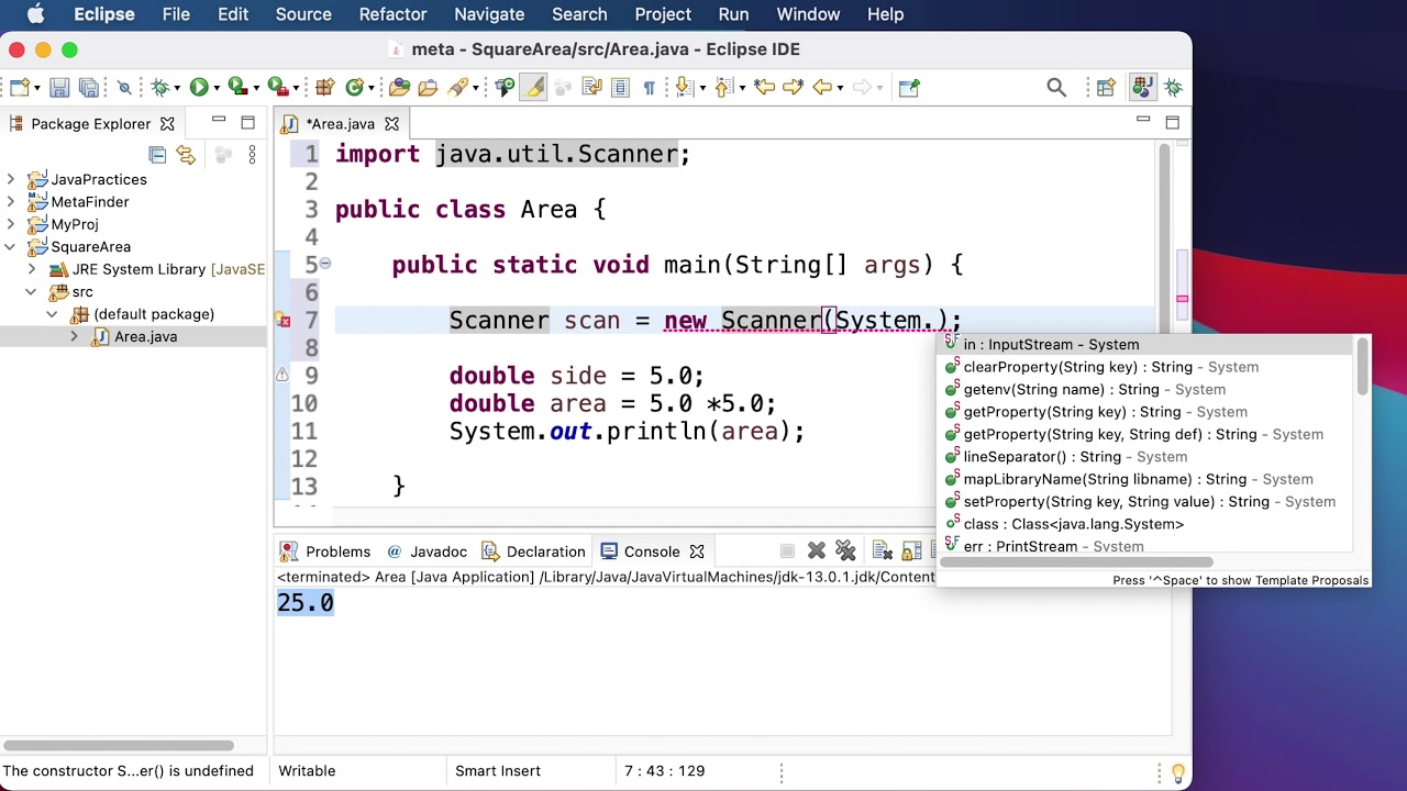 Java Practice Program To Calculate Area Of Square Hard Coded Dynamic