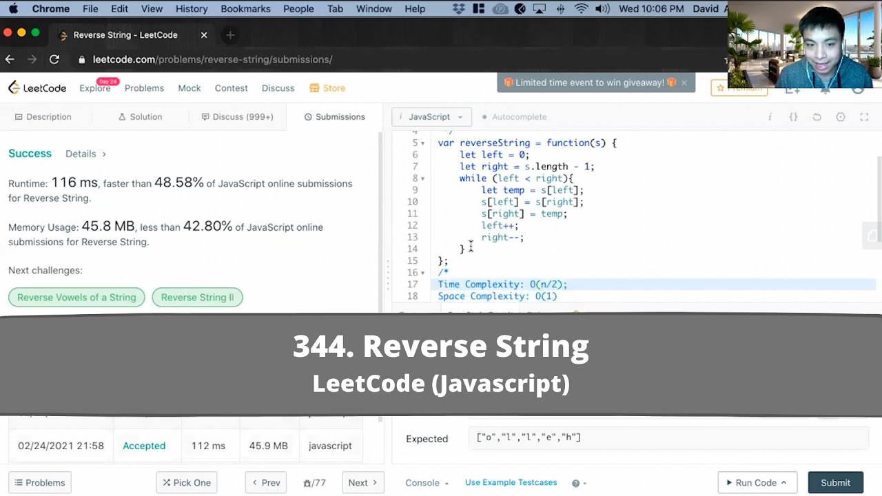 How To Solve 344 Reverse String On Leetcode Javascript Youtube