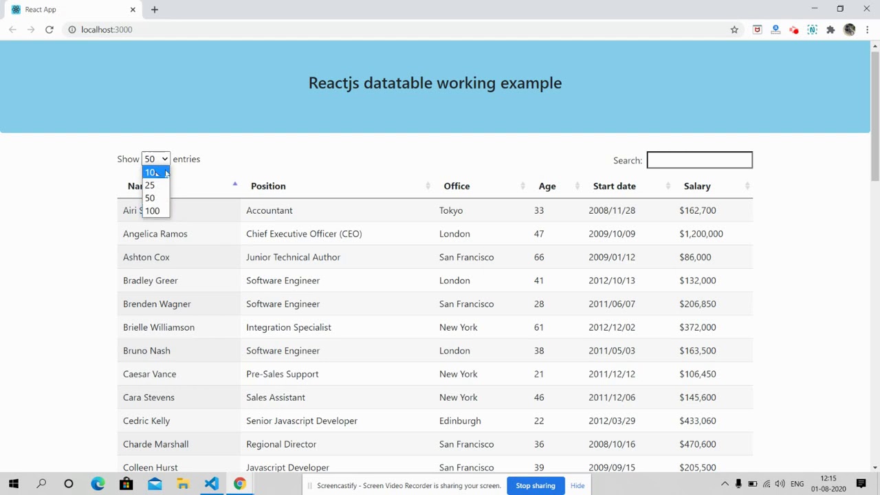 Reactjs Datatable Working Example Youtube