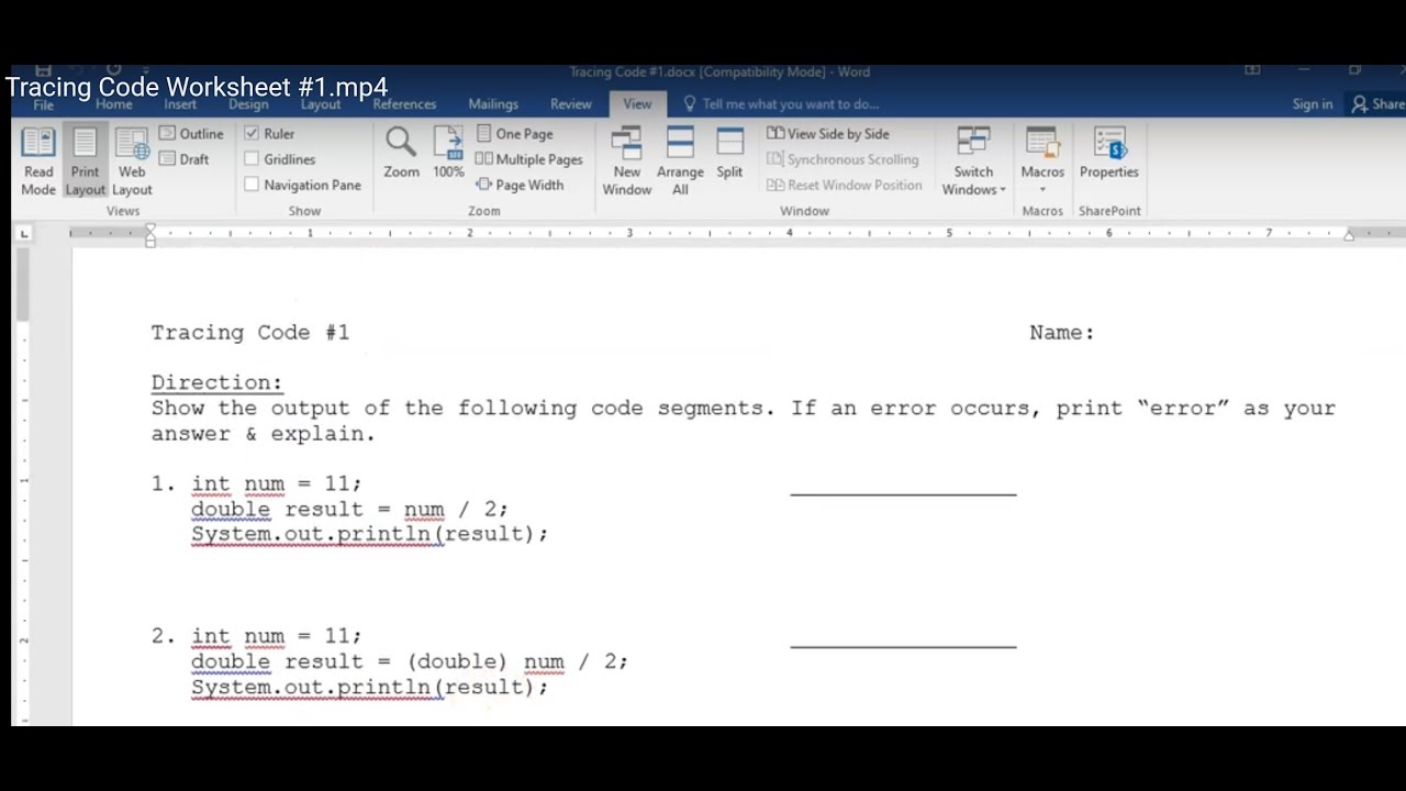 Java Lesson 22 Tracing Code Worksheet 1 Youtube
