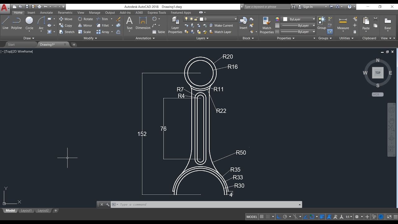 Autocad Tutorial How To Draw Connecting Rod Youtube