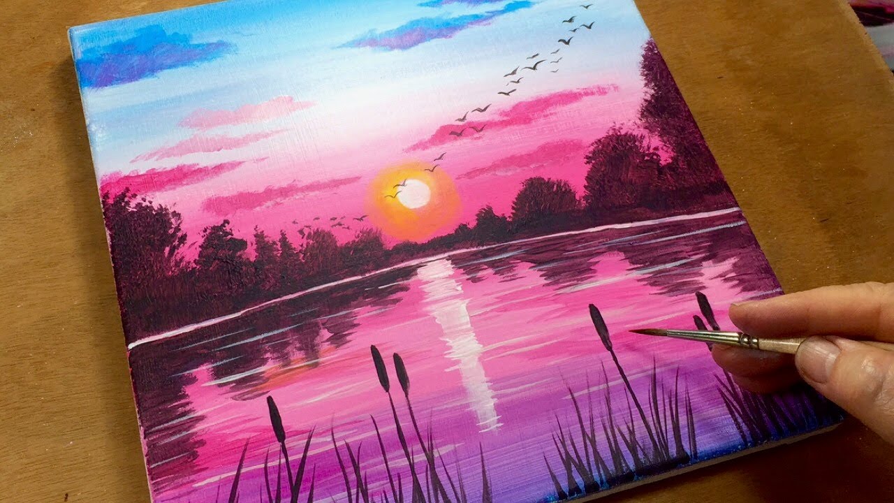 Pink Sunset Acrylic Landscape Painting How To Paint For Beginners