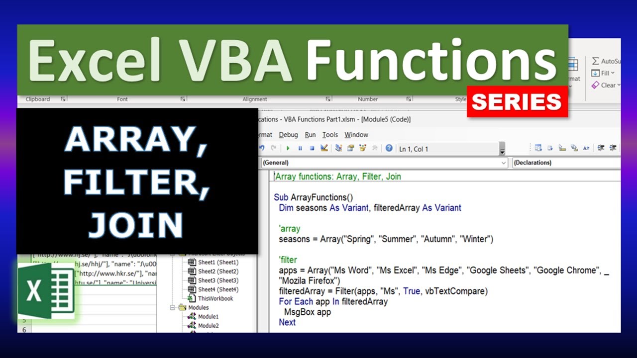Excel Vba Functions Array Filter Join Youtube