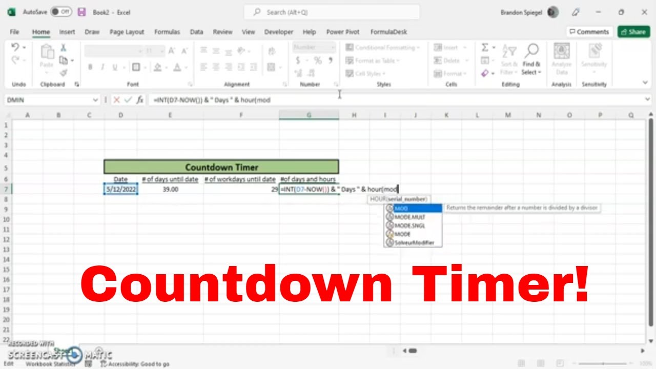 How To Create A Countdown Timer In Excel Days Workdays Days And