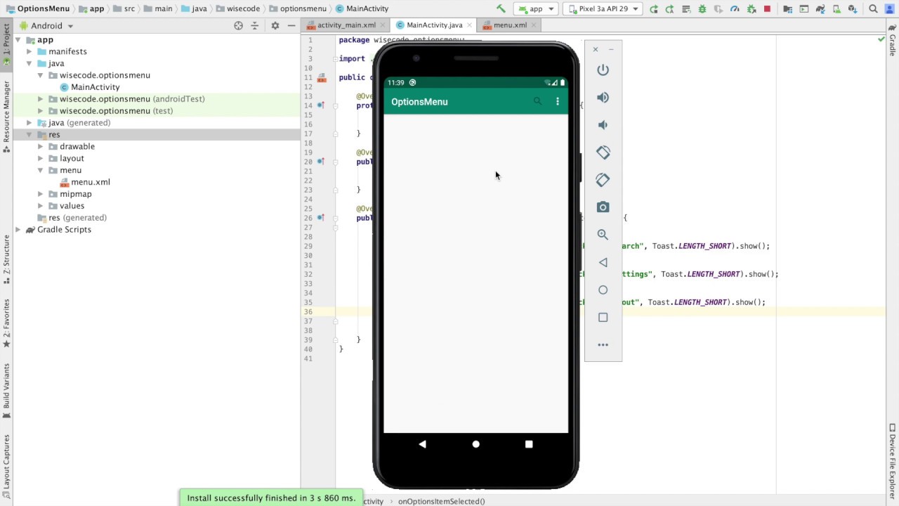Create Options Menu In Android Studio Youtube