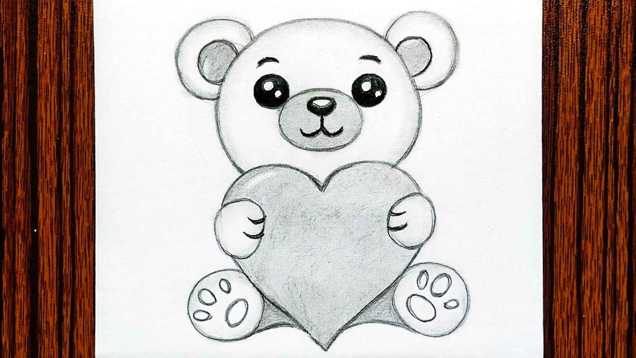Teddy Bear Pencil Drawing With Heart