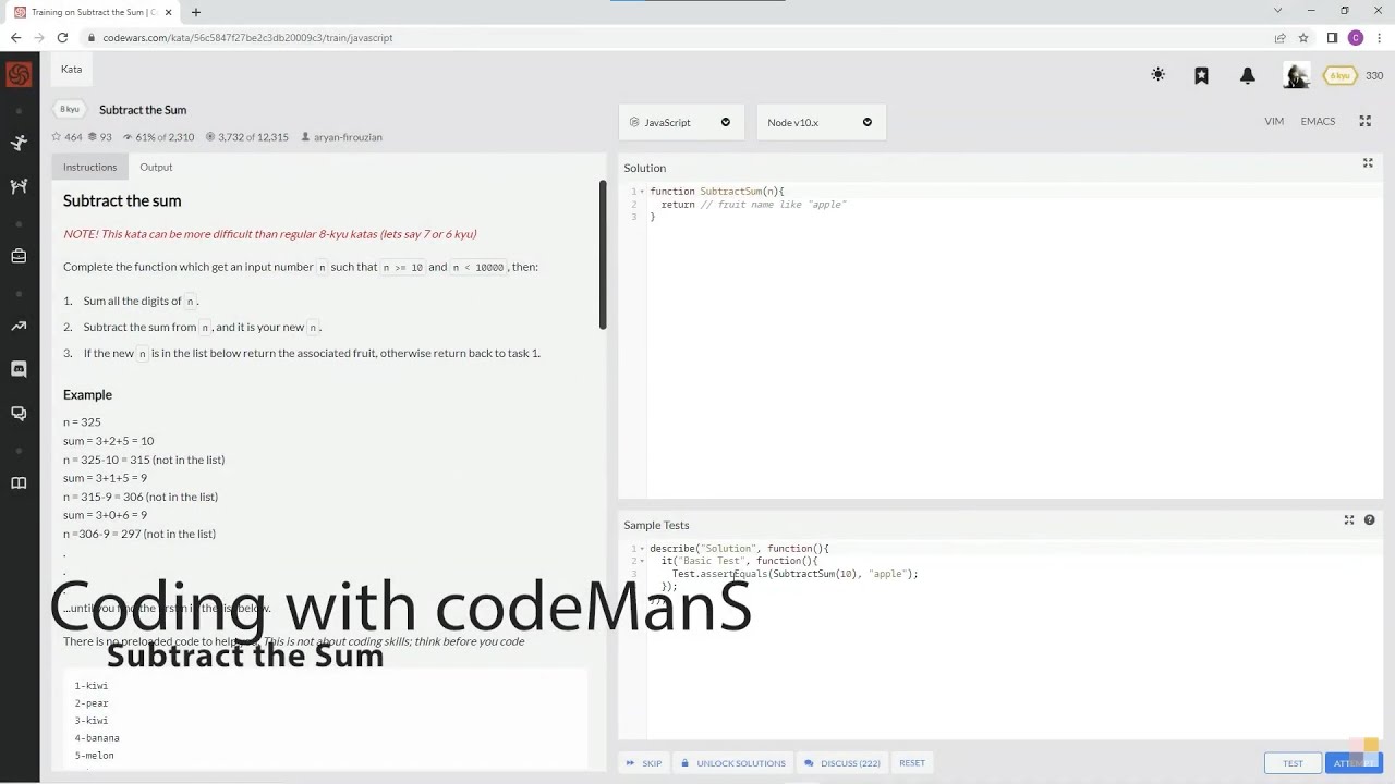 Archived Codewars 8 Kyu Subtract The Sum Javascript Youtube