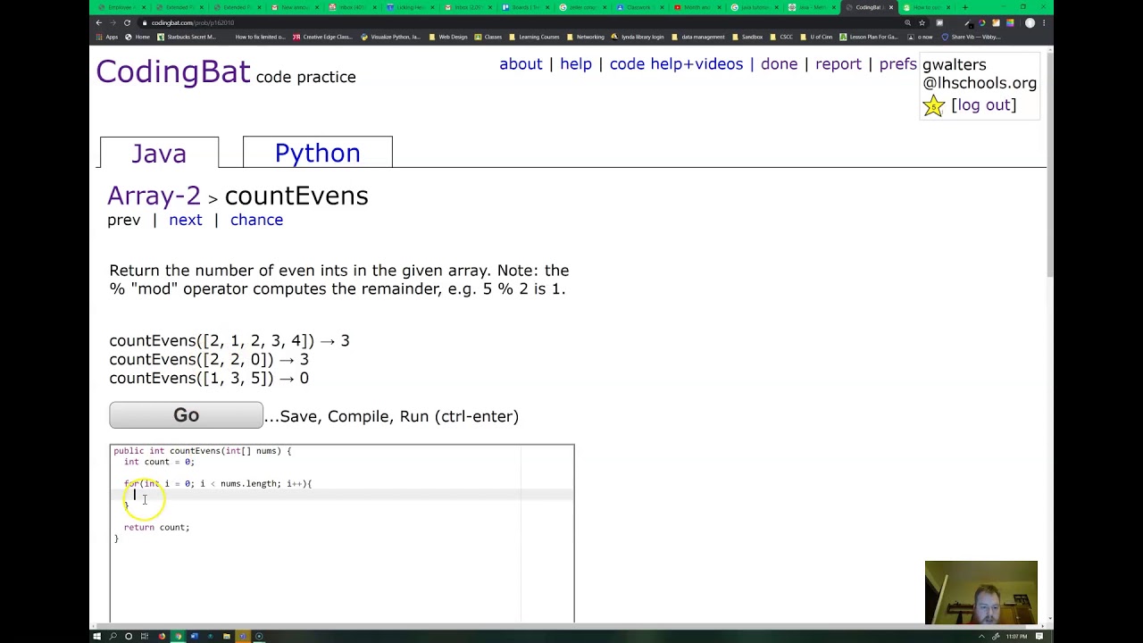 Codingbat Array 2 Countevens Walkthrough Youtube