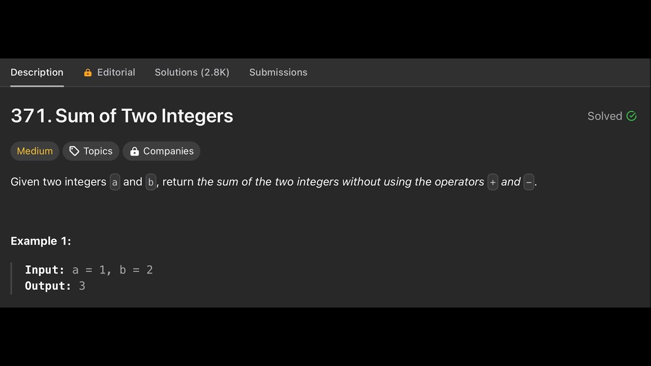 371 Sum Of Two Integers Leetcode Blind 75 Youtube