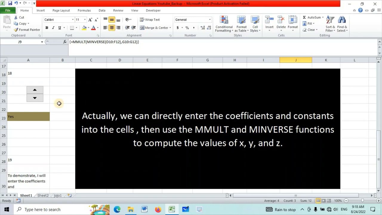Solving Systems Of Linear Equations Using Excel Matrix Functions Youtube