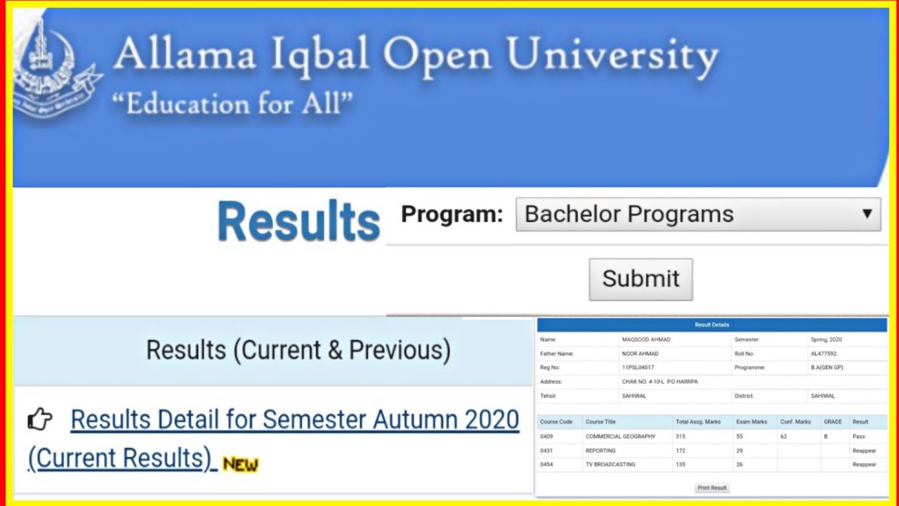 Allama Iqbal Open University Check Result Aiou Technical Tricks And