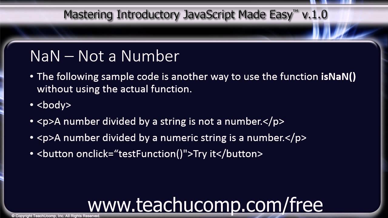 Javascript Training Tutorial Nan Not A Number Youtube