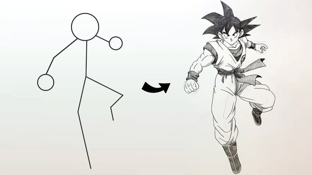 How To Draw Goku Full Body From A Stick Man Easy Step By Step