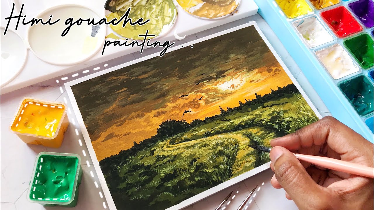 Sunset Landscape Painting Tutorial For Beginners Gouache Painting Himi