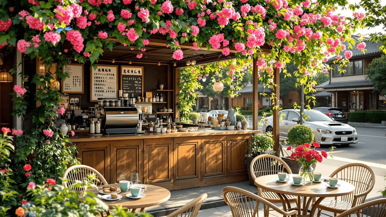 Tranquil Morning Spring At Cozy Spring Coffee Shop Ambience With