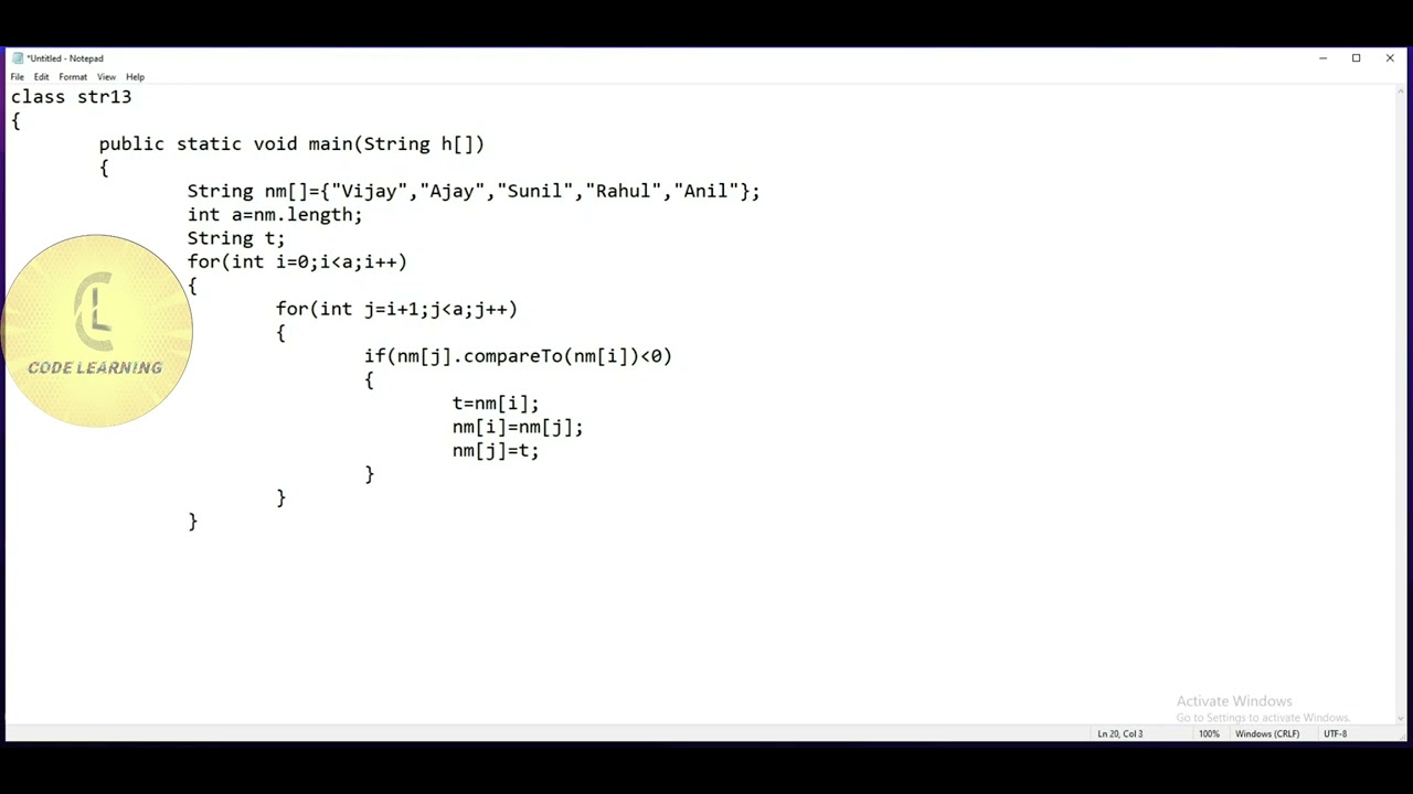 Java Sorting Strings In Ascending Order Codelearning Youtube