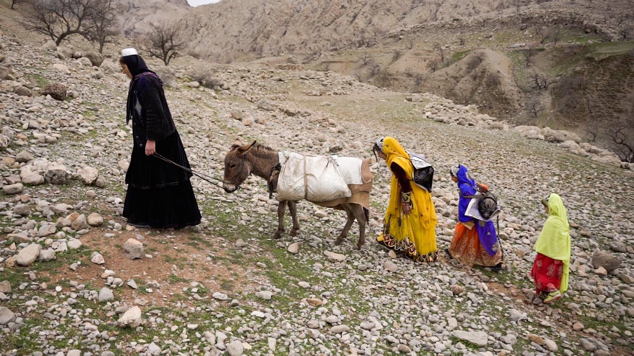Nomadic Women And Children Travel The Difficult Path Of The Mountains