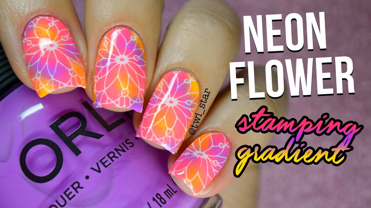Neon Flower Stamping Spot Gradient Nail Art Twi Star Youtube