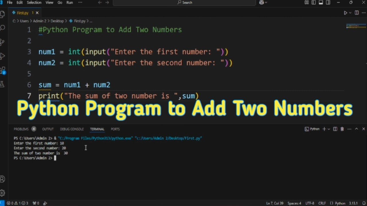 Python Program To Add Two Numbers Visual Studio Code Add Two