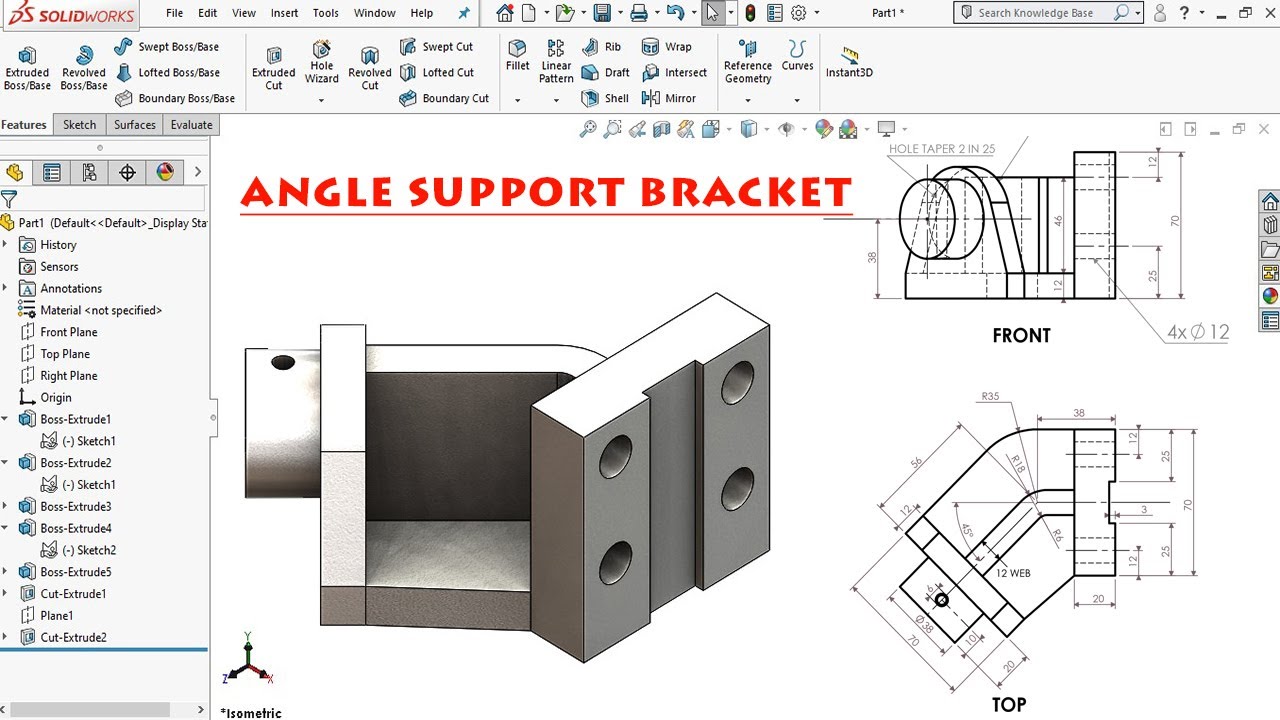 Solidworks Tutorial Exercise 77 Angle Support Bracket Youtube