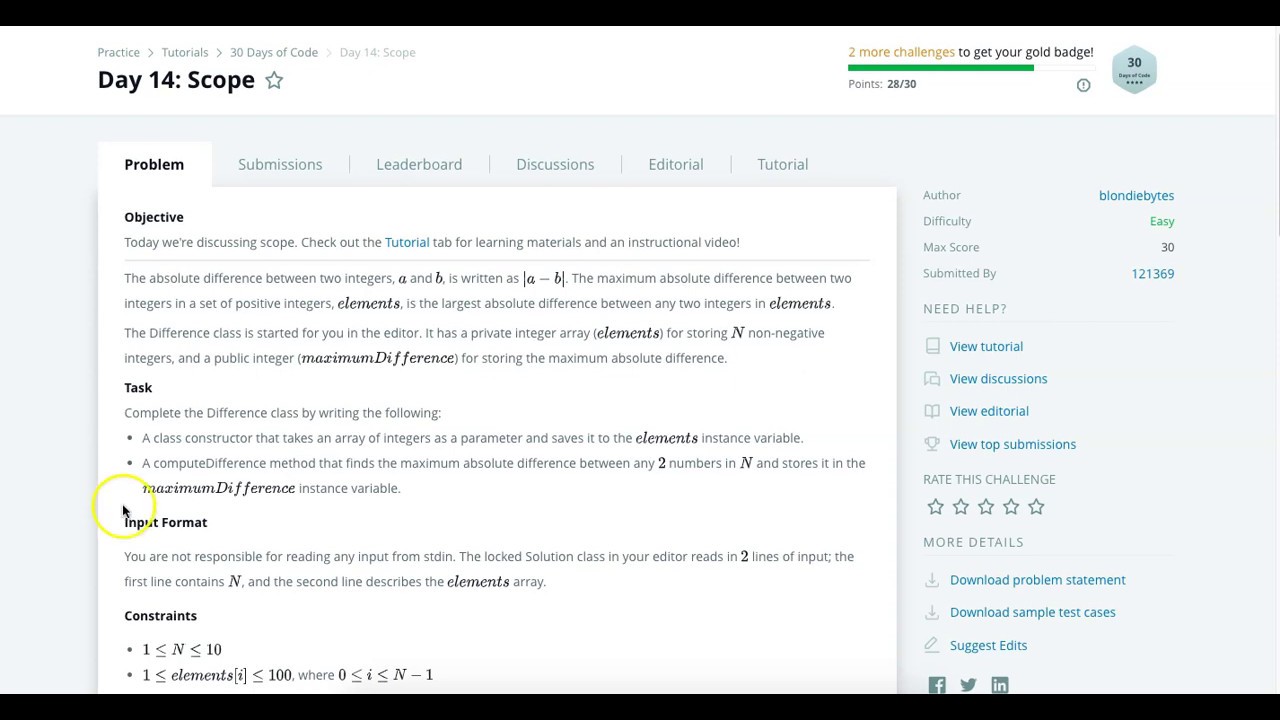 Hackerrank 30 Days Of Code Java 8 Solution Day 14 Scope Youtube