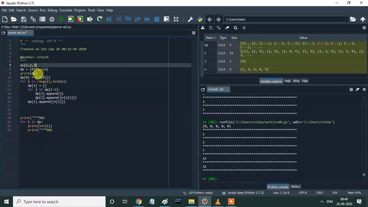 Power Set Generating Python Script Using Dynamic Programming Youtube