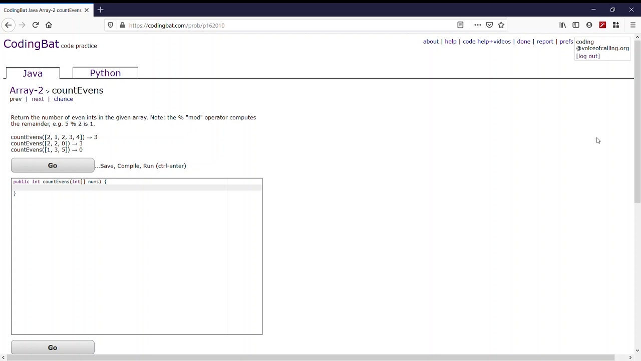 Array 2 Countevens Java Tutorial Codingbat Youtube