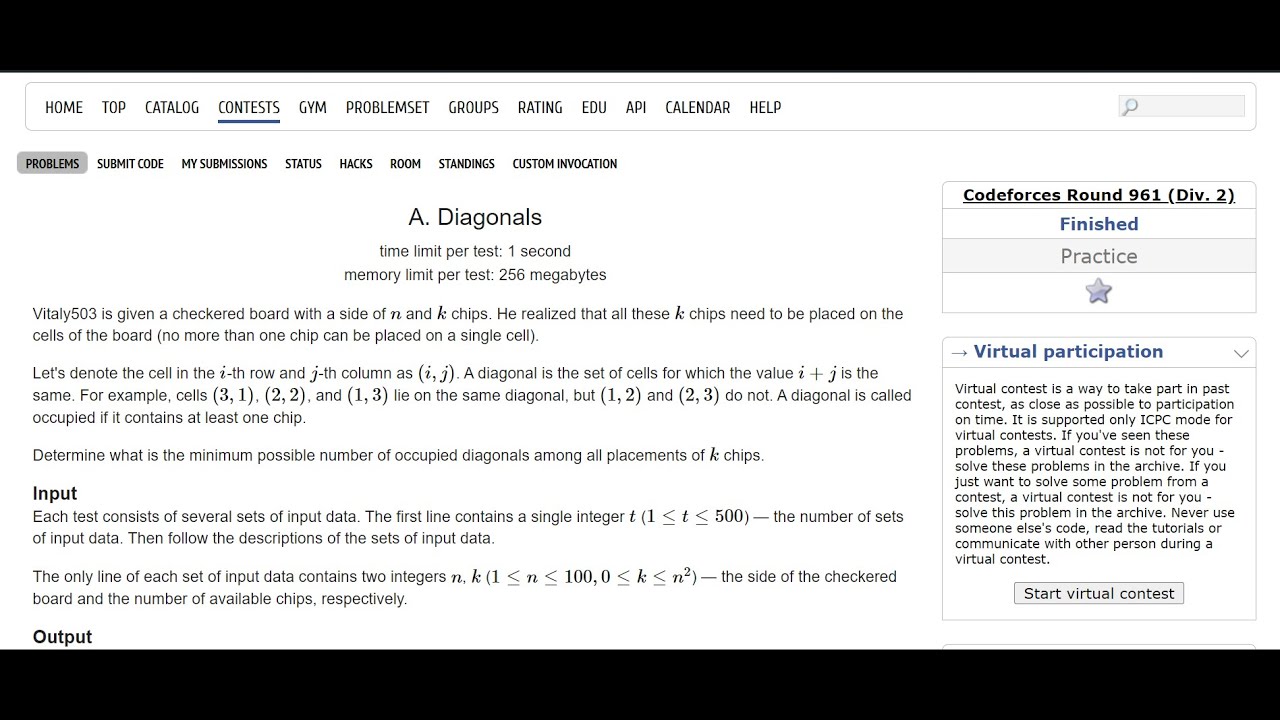 A Diagonals1995 Codeforces Div2 Youtube