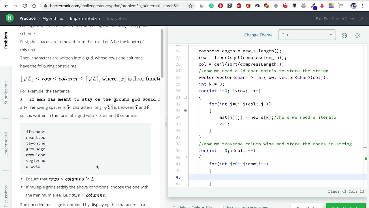 Hackerrank Encryption Medium C Youtube